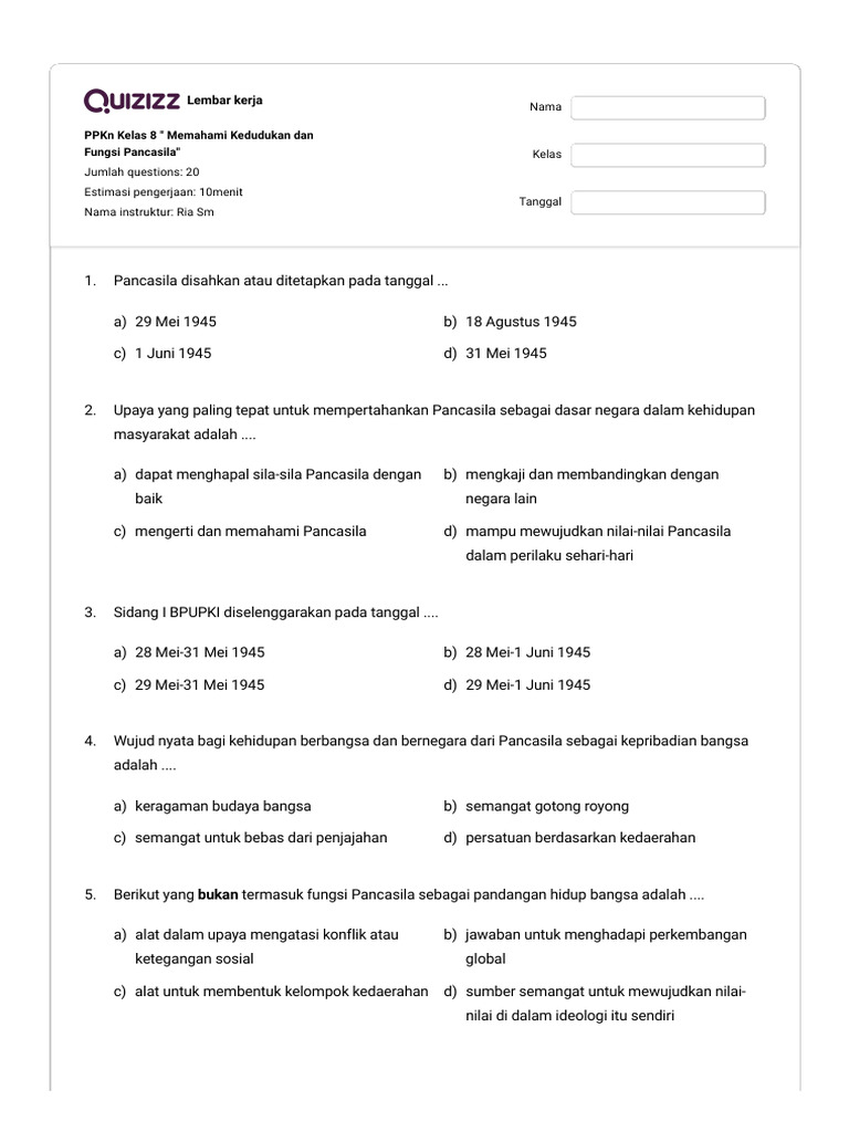 PPKn Kelas 8 _ Memahami Kedudukan Dan Fungsi Pancasila_ _ Quizizz | PDF
