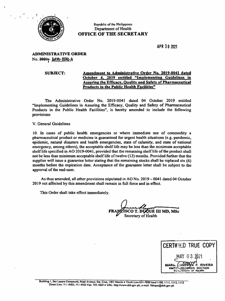 Amendment to DOH Admin Order on Pharmaceuticals | PDF | Shelf Life