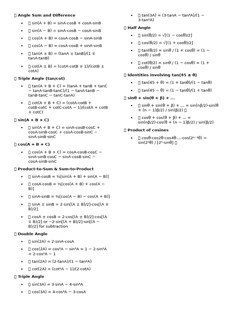 Cosine and Angle Sum Identities | PDF | Subtraction | Complex Analysis