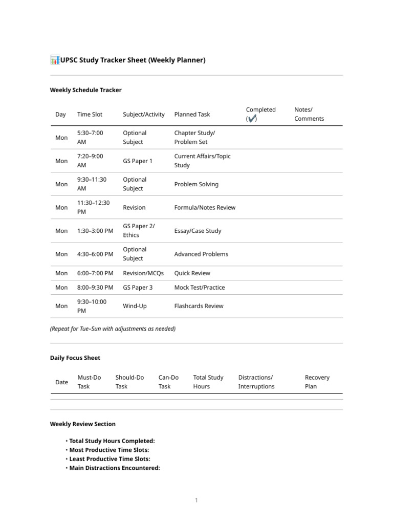 UPSC Weekly Study Tracker Sheet | PDF