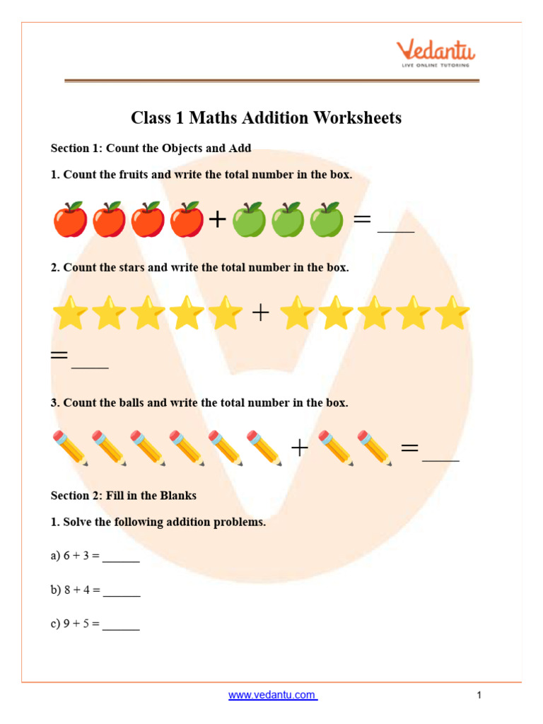 Class 1 Maths Addition Worksheet PDF | PDF | Mathematics