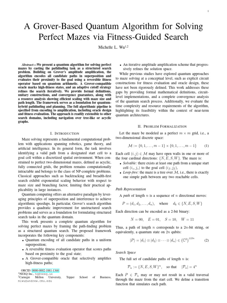 A Grover-Based Quantum Algorithm For Solving Perfect Mazes Via Fitness ...