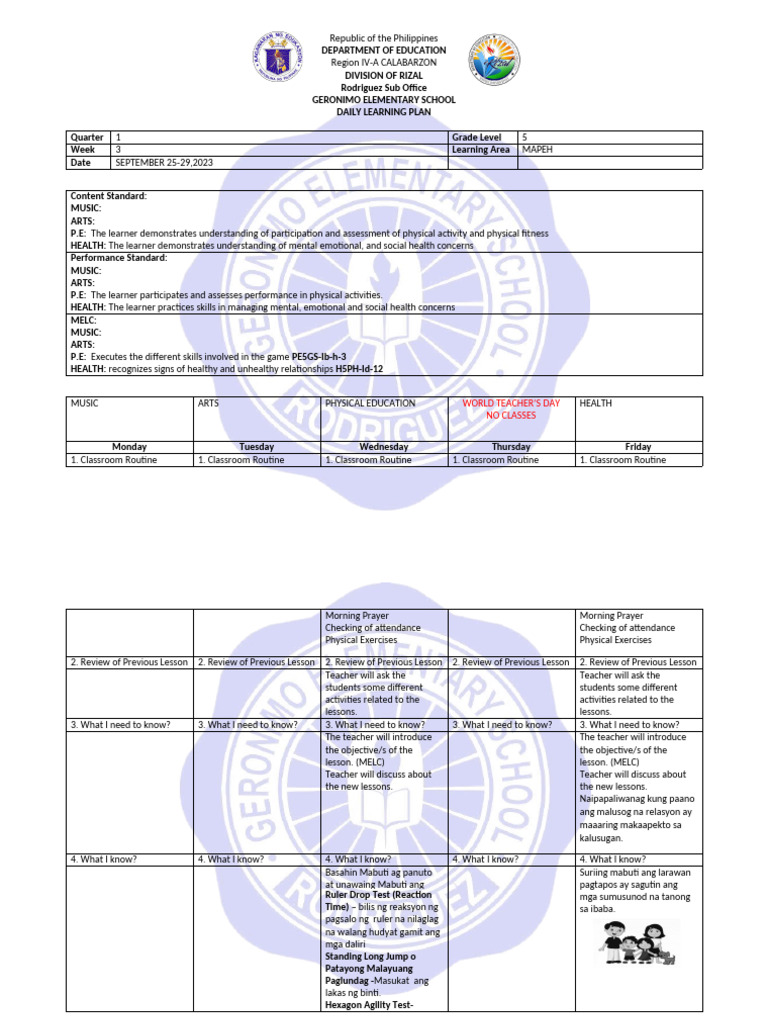 Daily Learning Plan Format MAPEH Q1W4 | PDF