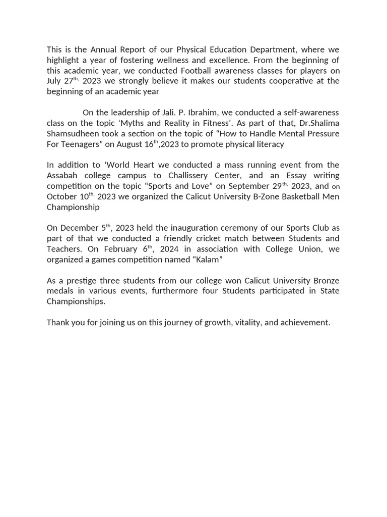This Is The Annual Report of Our Physical Education Department | PDF