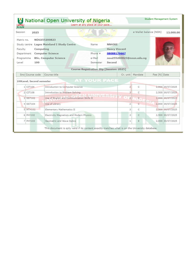 2025 Course Registration Slip - BSc Computing | PDF