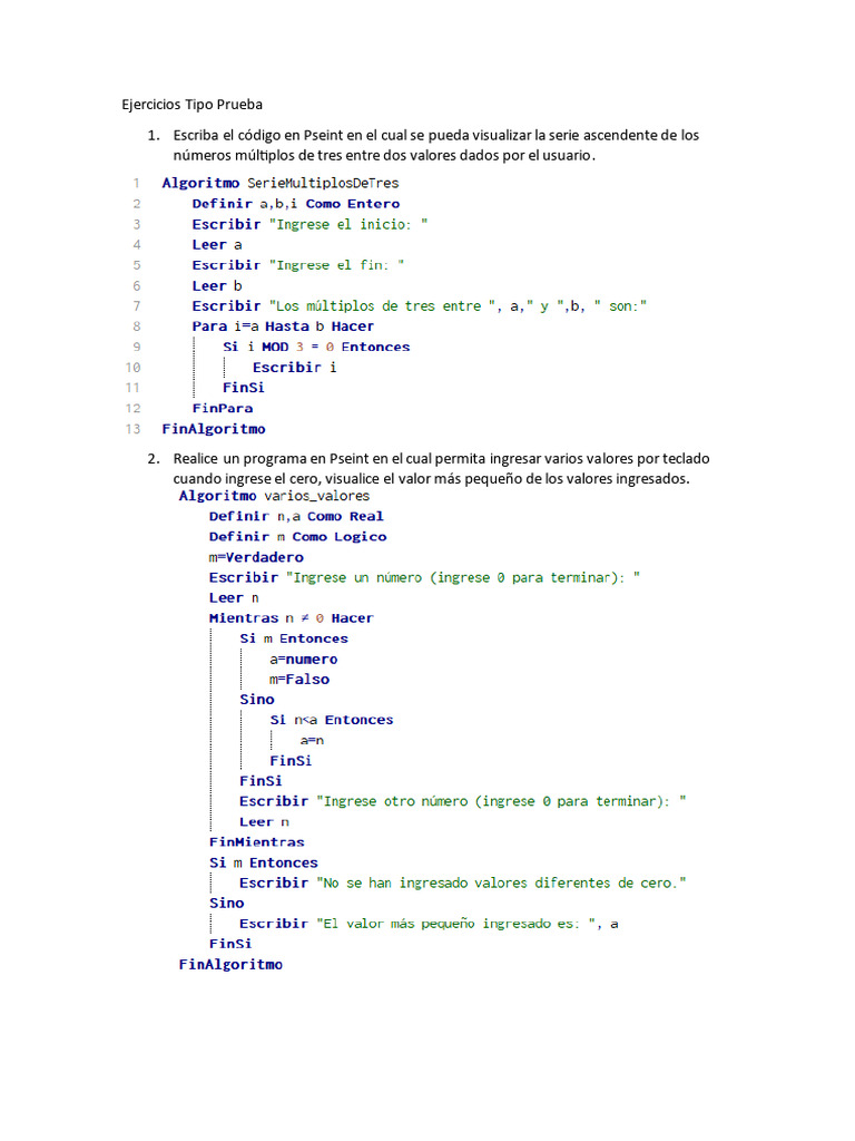 Ejercicios Tipo Prueba Pseint | PDF