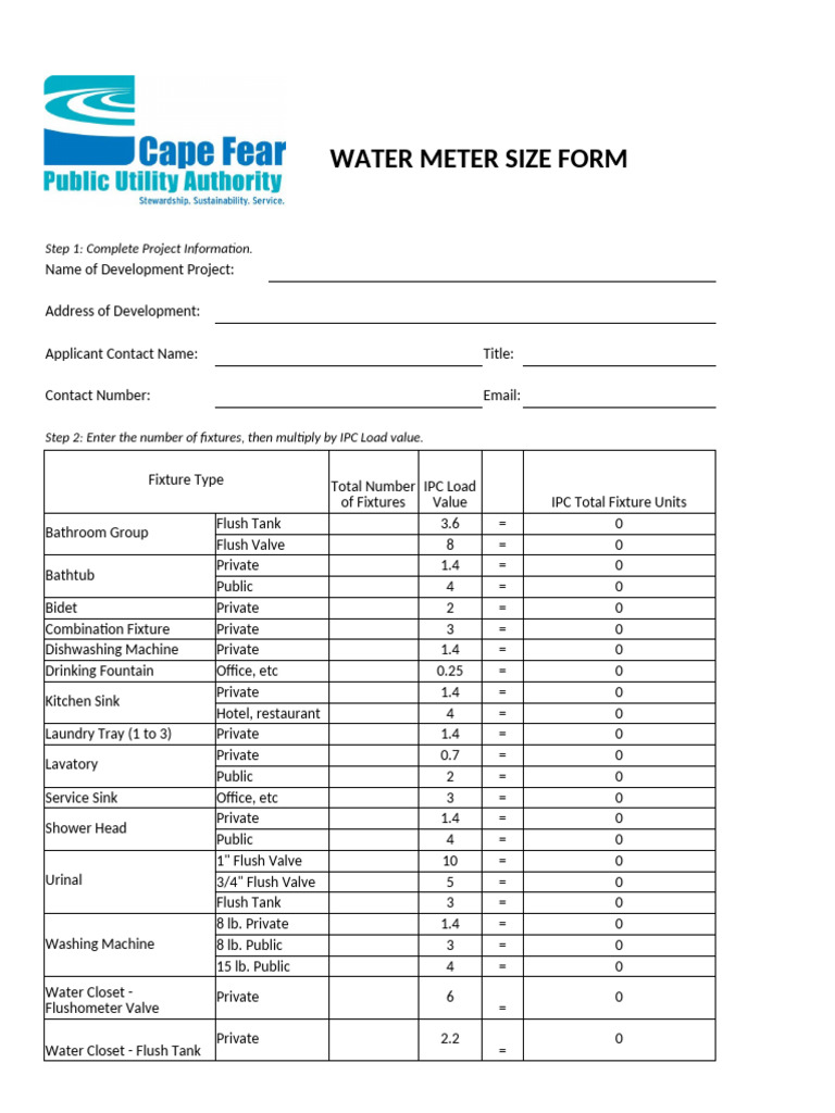 CFPUA Meter Sizing Form - Excel Format | PDF | Toilet | Water