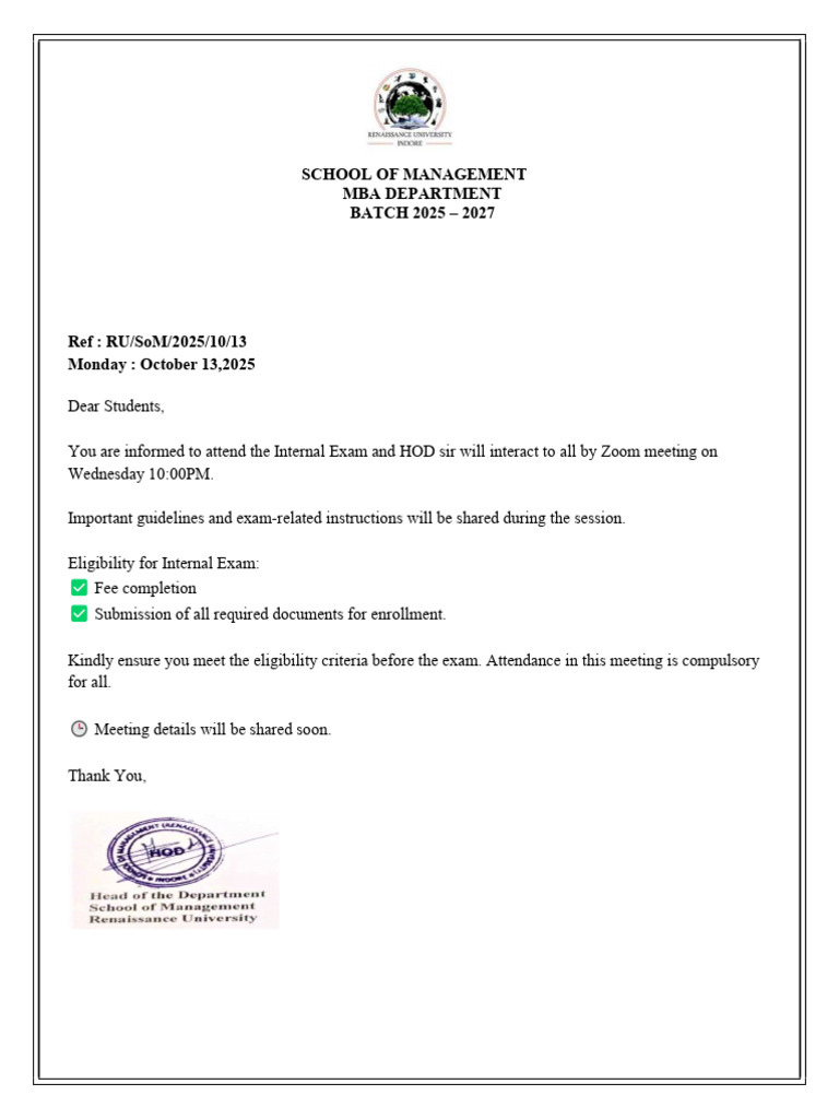 MBA Internal Exam Zoom Meeting Notice | PDF