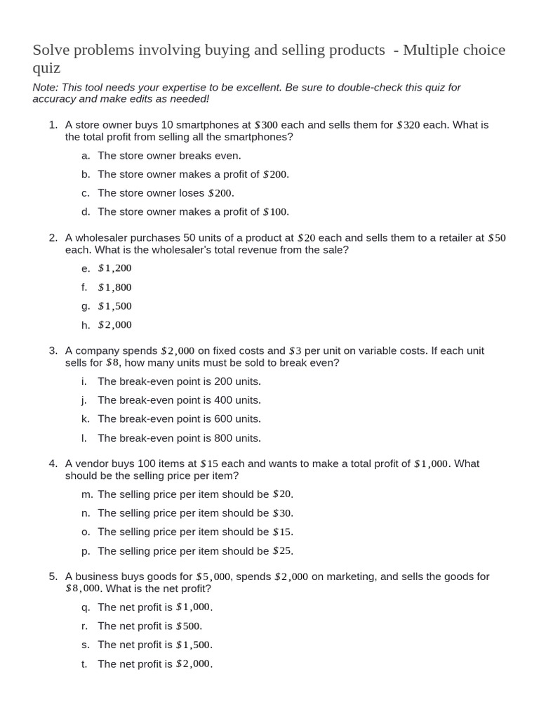 Solve Problems Involving Buying and Selling Products - Multiple Choice ...