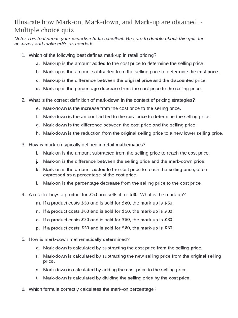 Illustrate How Mark-On, Mark-Down, and Mark-Up Are Obtained - Multiple ...