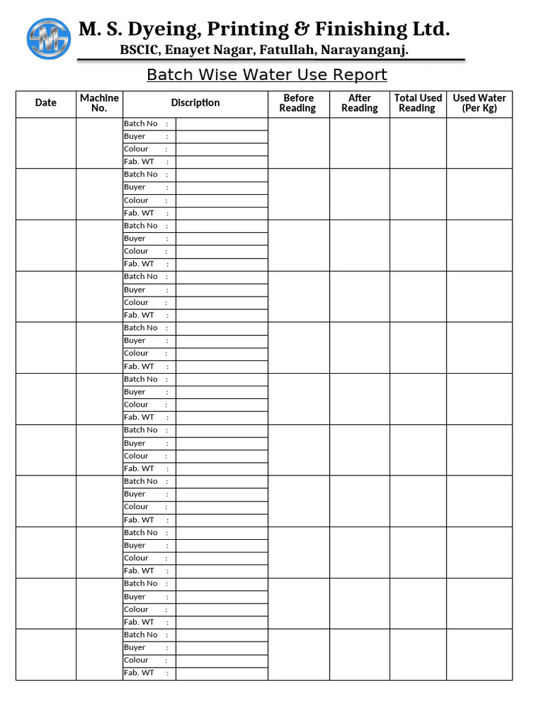 Batch Wise Water Use Report | PDF
