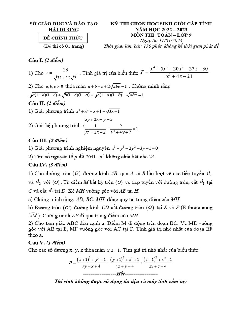 De Hoc Sinh Gioi Cap Tinh Toan 9 Nam 2022 2023 So Gddt Hai Duong | PDF