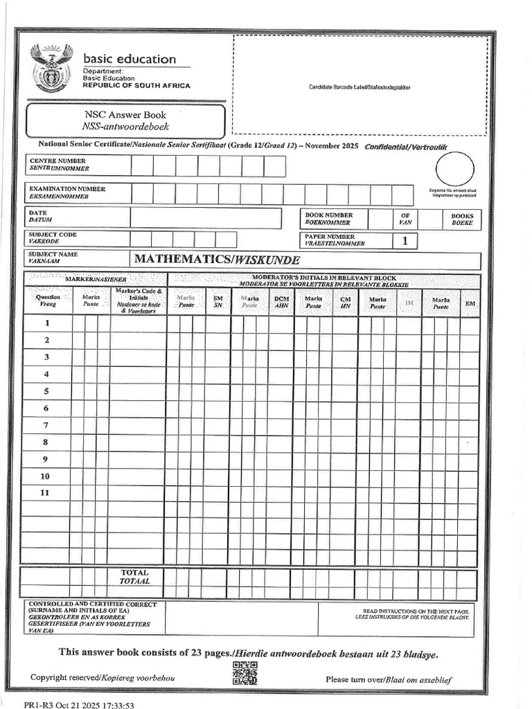 NSC Gr.12 Maths P1 Answer Book | PDF