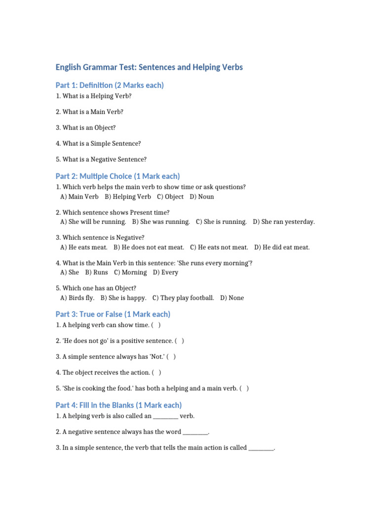 English Grammar Test on Helping Verbs | PDF | English Grammar | Verb