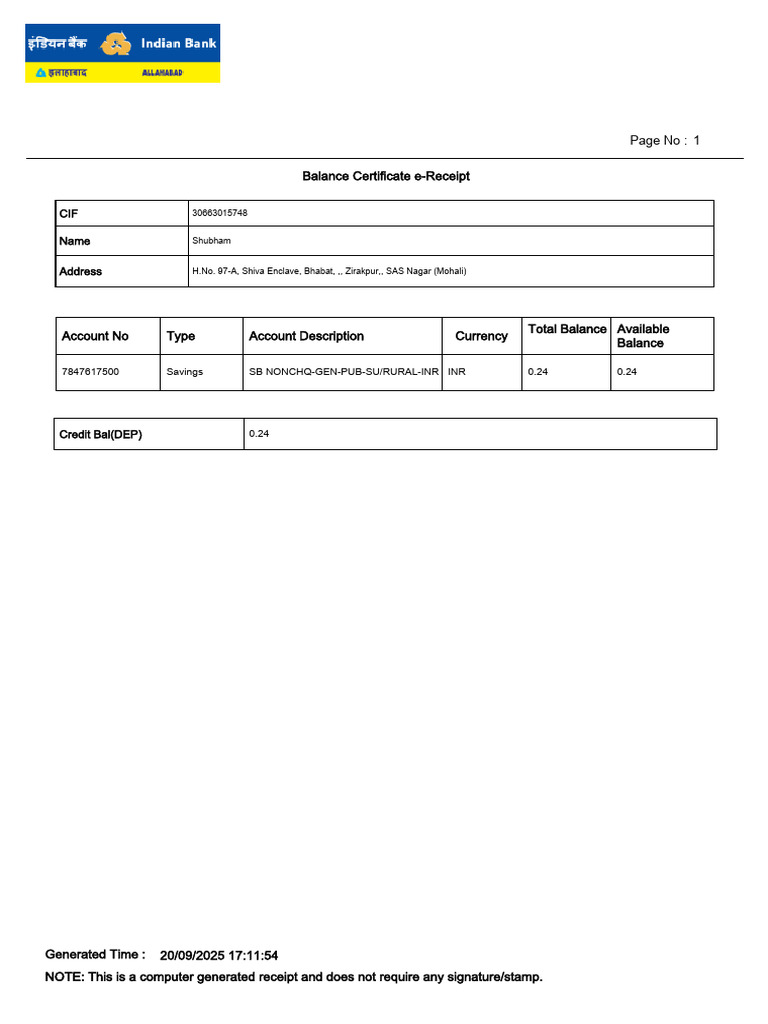 Balance Certificate e-Receipt Details | PDF