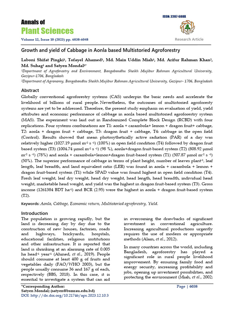 Cabbage Yield in Aonla Agroforestry System | PDF | Soil | Vegetables