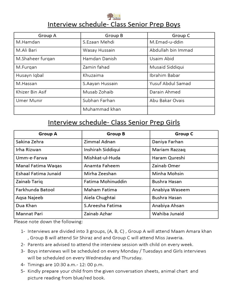Revised Interview Schedule Boys Girls Class Senior 25 | PDF