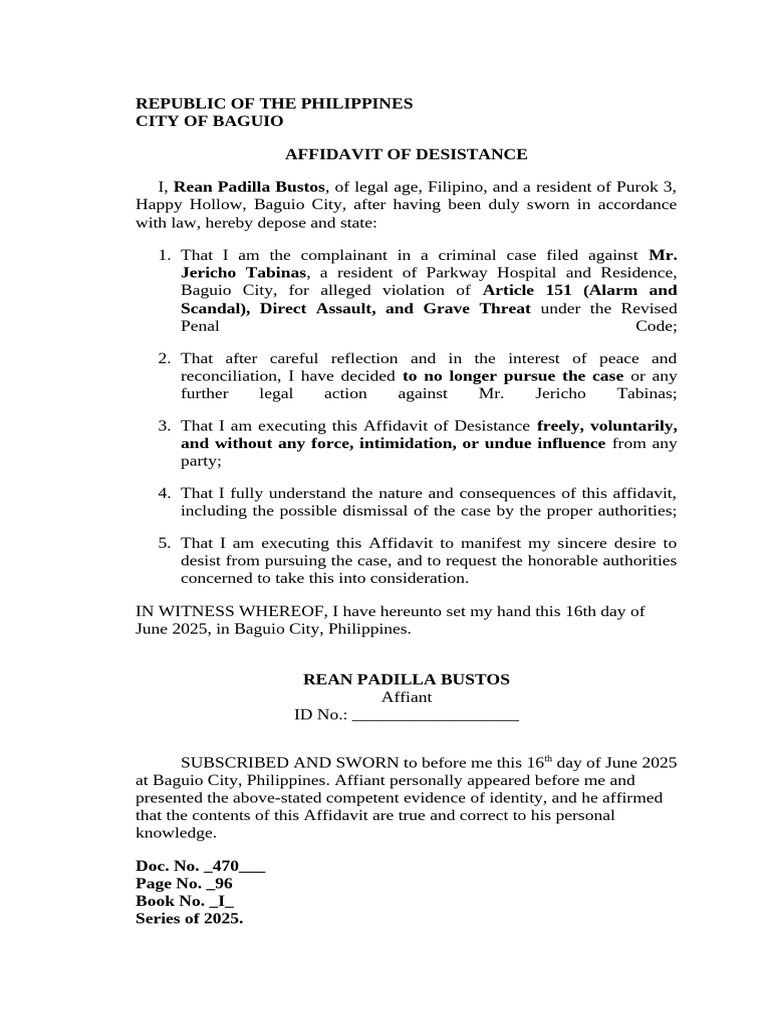 Affidavit of Desistance Baguio City | PDF