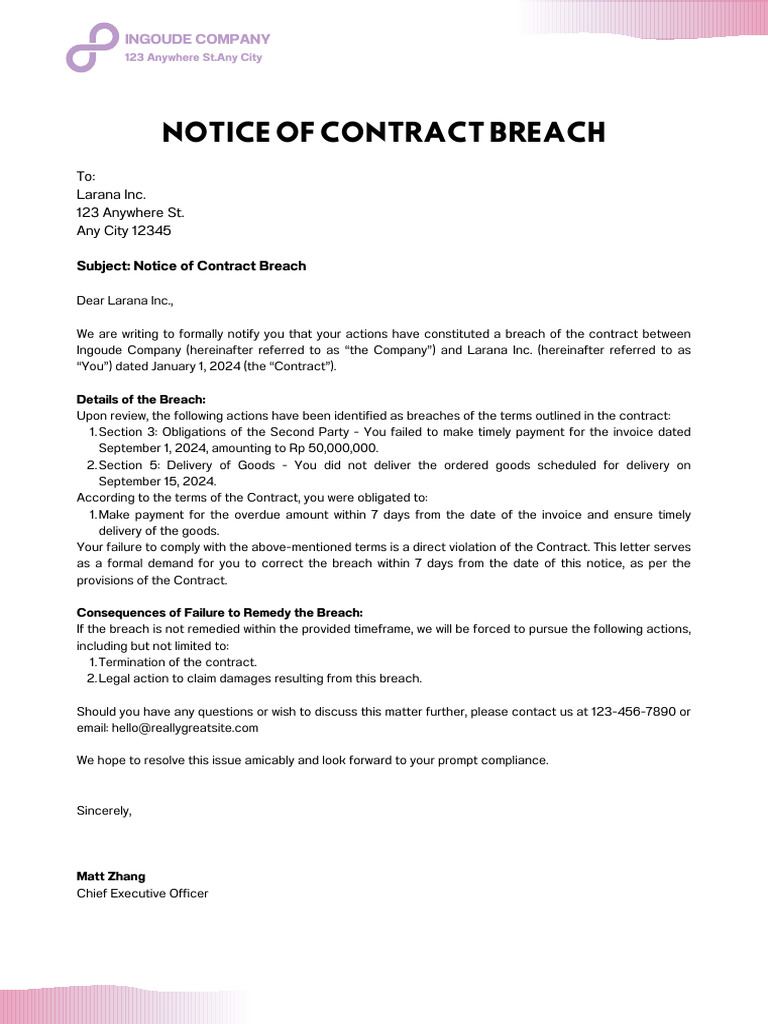 Purple White Simple Notice of Contract Breach Letter | PDF