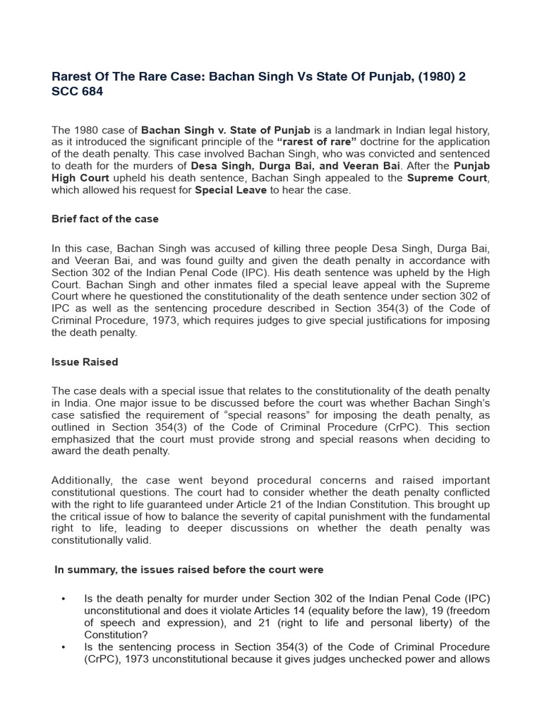 Rarest of The Rare Case - Bachan Singh Vs State of Punjab, (1980) 2 SCC ...