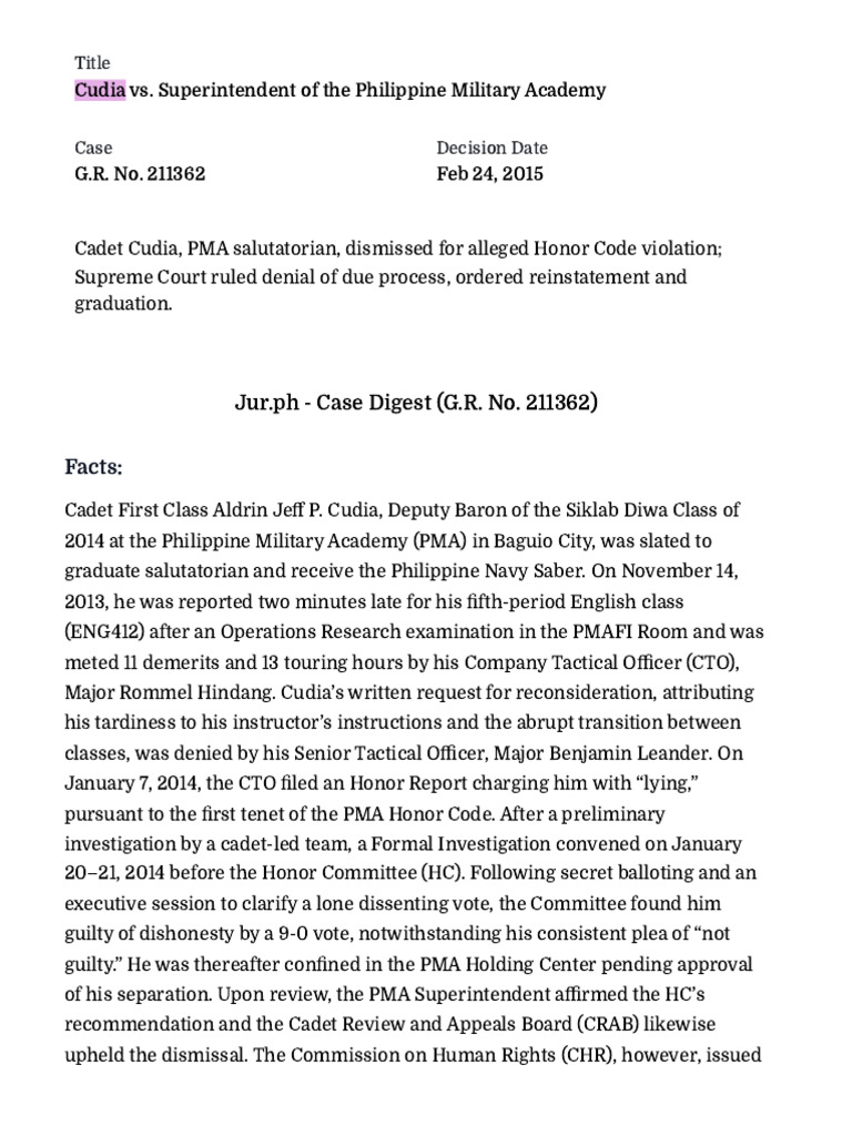 1 Cudia vs. Superintendent of The Philippine Military Academy | PDF ...