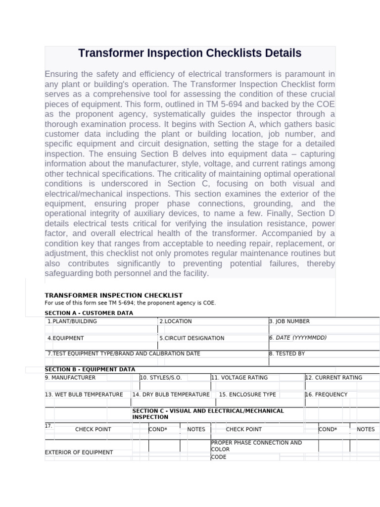 Transformer Inspection Checklist | PDF | Transformer | Insulator ...