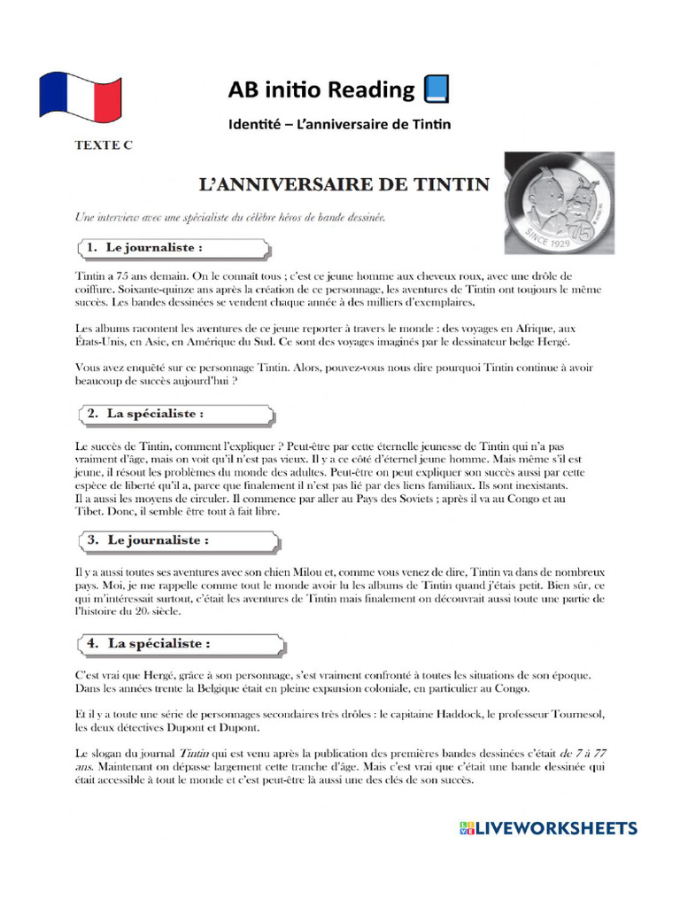 Ab Initio French Identité Reading Texte TINTIN | PDF