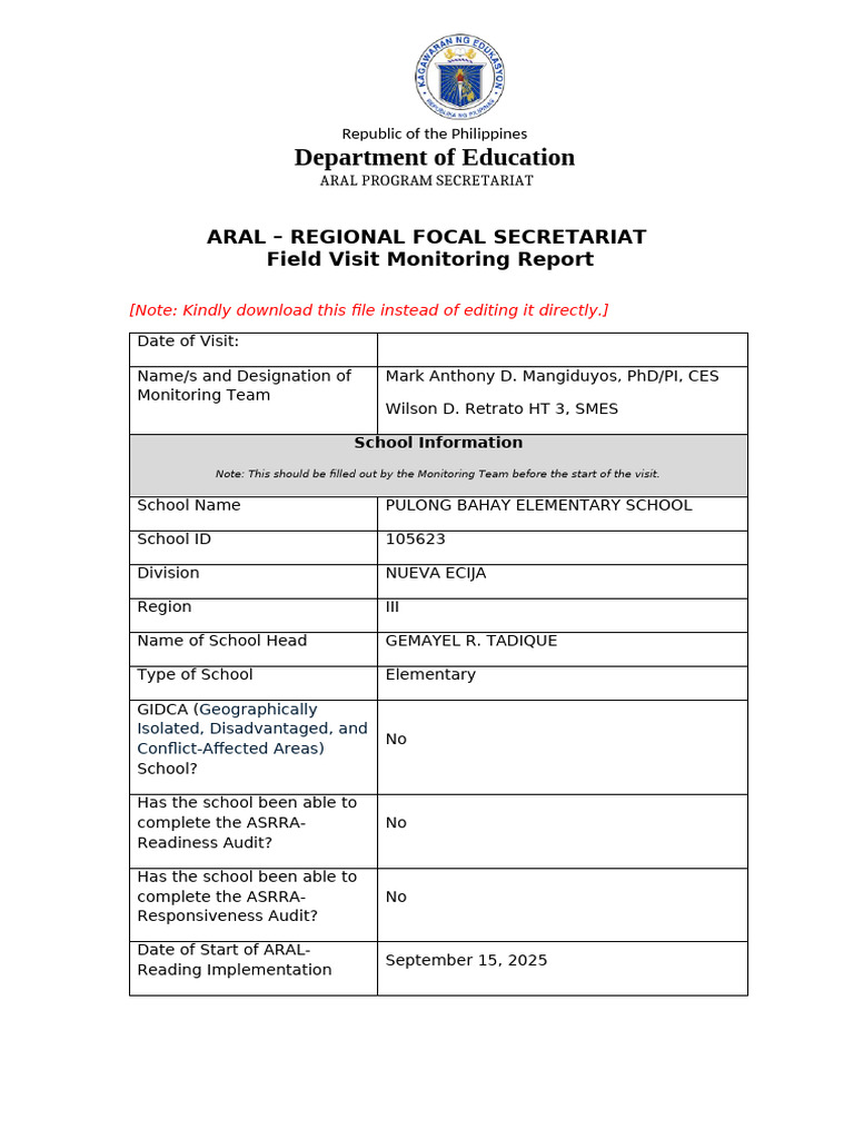 ARAL Program Monitoring Report 2025 | PDF | Learning | Teachers