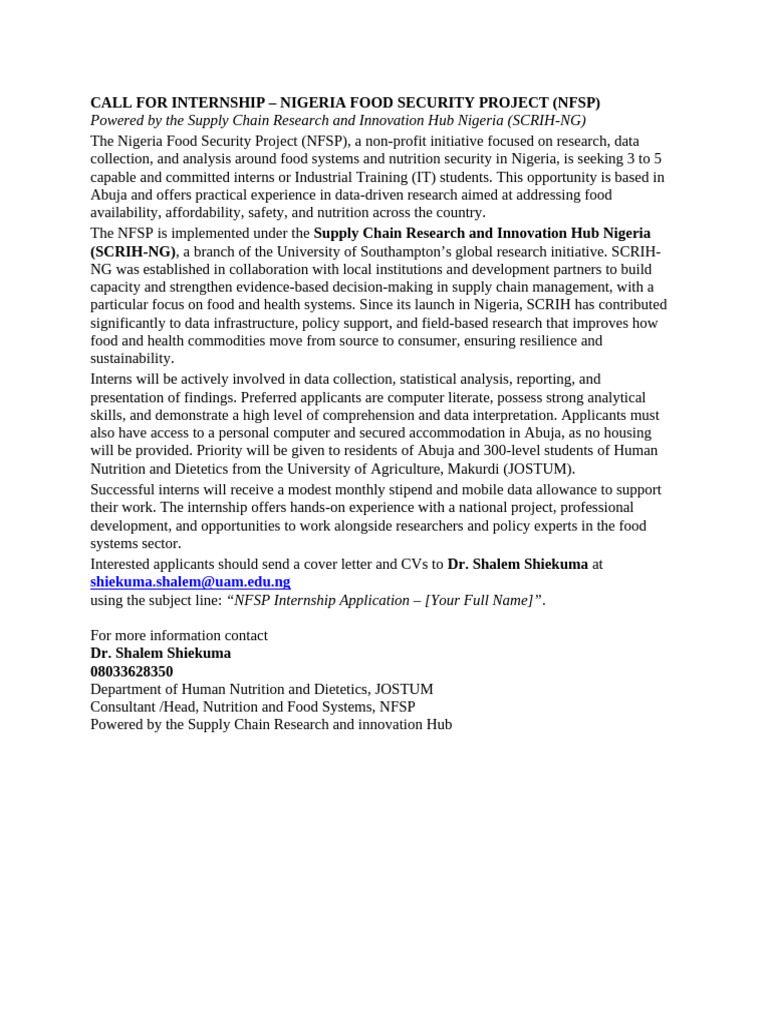 Call For Application For IT or Internship NFSP | PDF