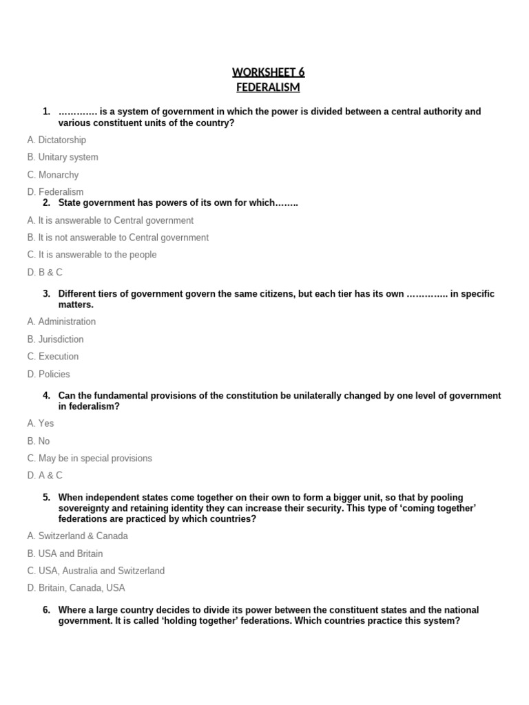 Worksheet 6 Federalism | PDF | Forms Of Government | Government