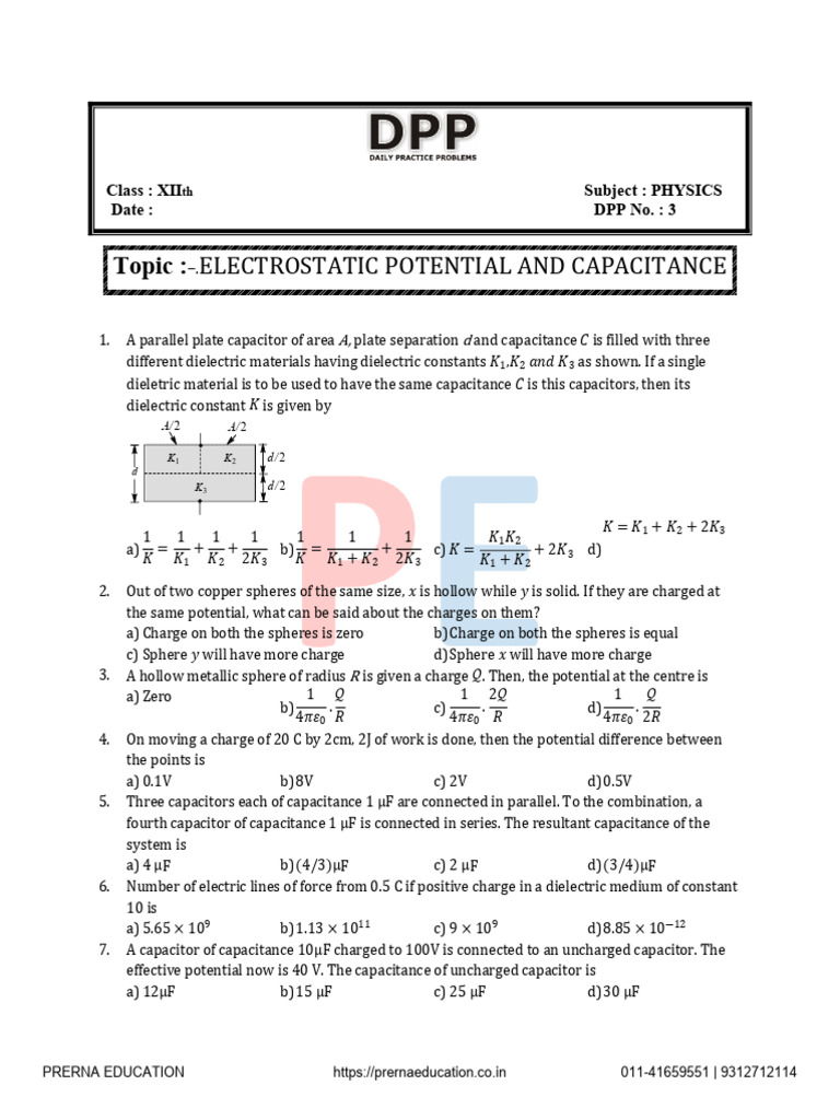Electric Potential and Capacitance DPP 3 | PDF | Capacitance | Capacitor