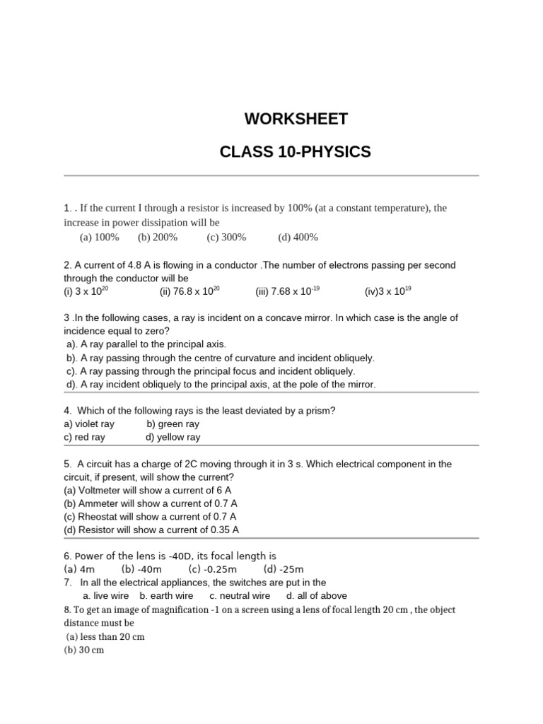 Class 10 Physics Current and Resistance Worksheet | PDF | Electric ...