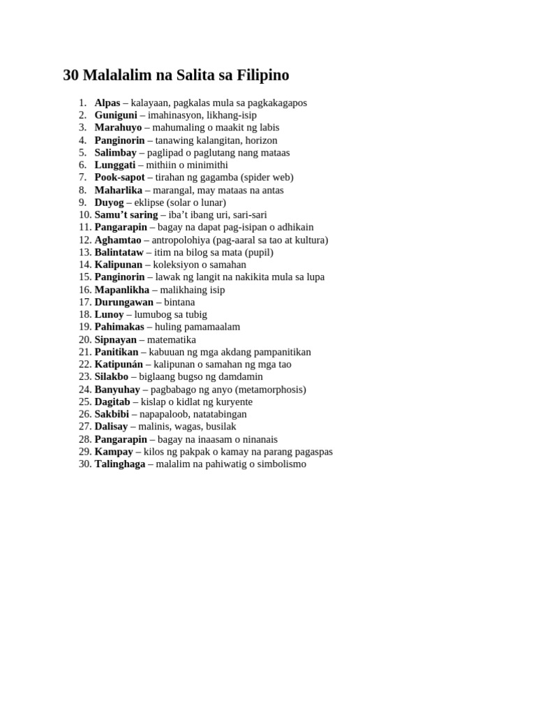 30 Malalalim Na Salita Sa Filipino | PDF