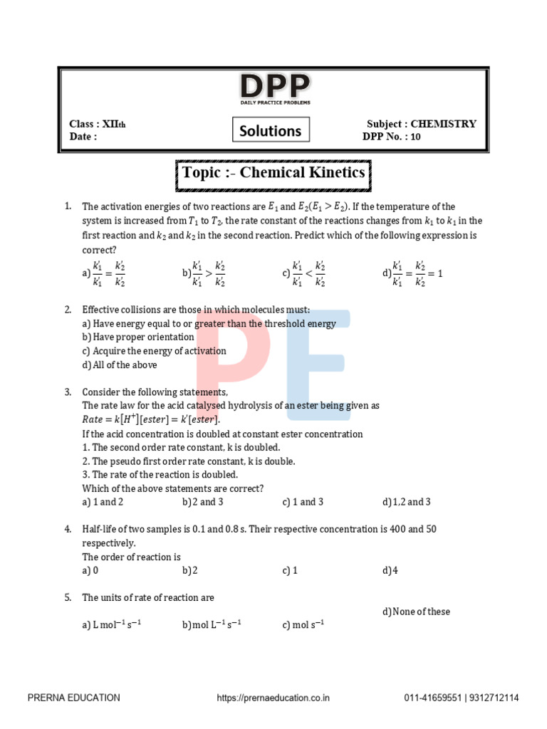 Chemical Kinetics DPP 10 | PDF | Chemical Kinetics | Chemical Reactions