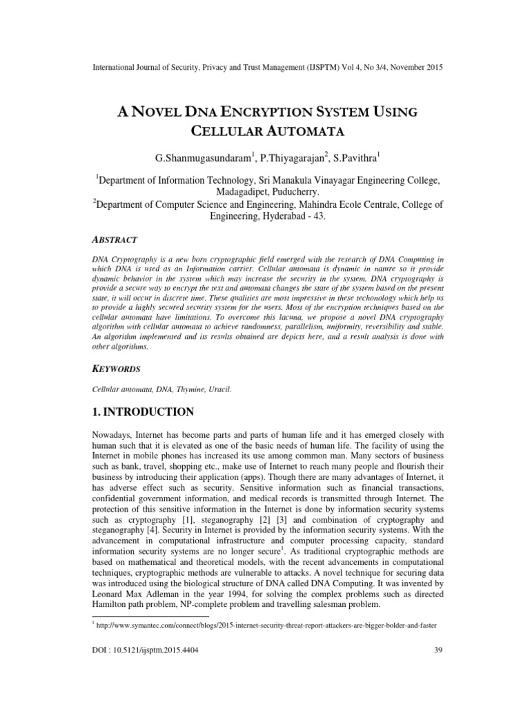 A Novel DNA Encryption System Using Cellular Automata | PDF | Cryptography | Encryption