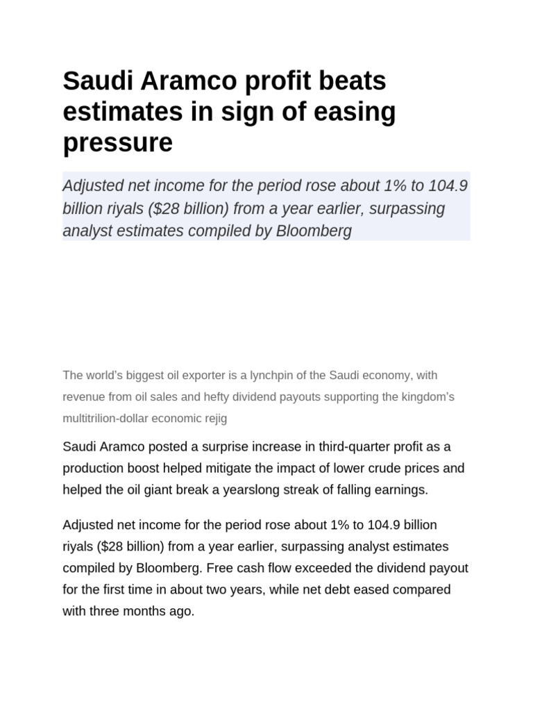 Saudi Aramco Profit Beats Estimates in Sign of Easing Pressure | PDF ...