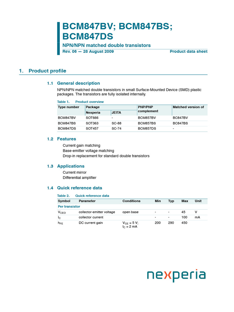 BCM847BS NPN Transistor Data Sheet | PDF | Bipolar Junction Transistor ...