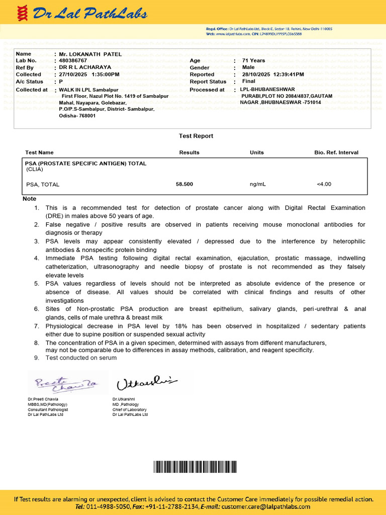 (CLIA) Psa, Total 4.00 NG/ML: 9. Test Conducted On Serum | PDF ...
