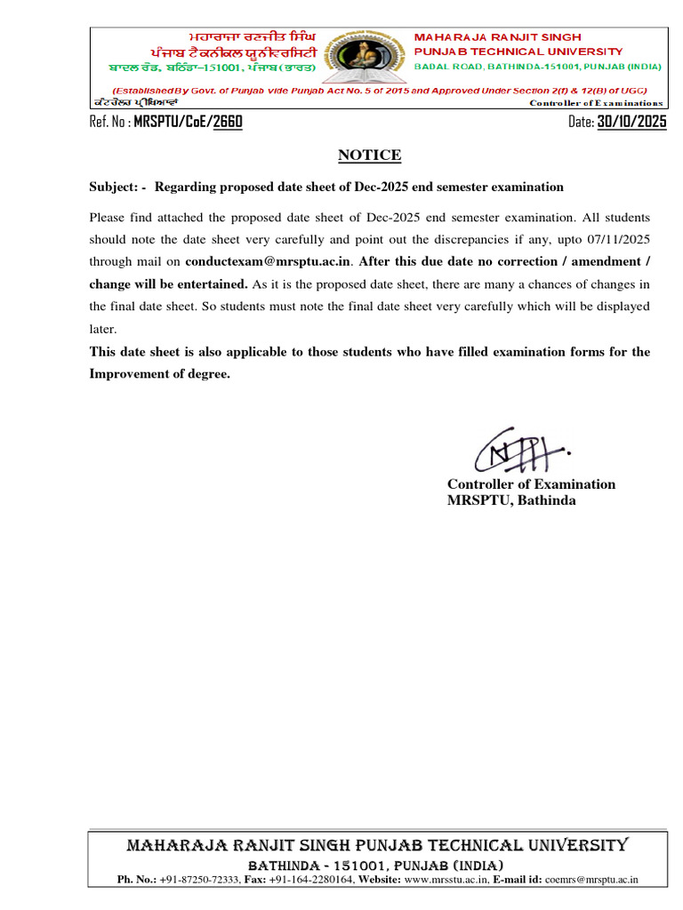 MRSPTU Dec 2025 Exam Datesheet | PDF | Aerospace Engineering | Physics