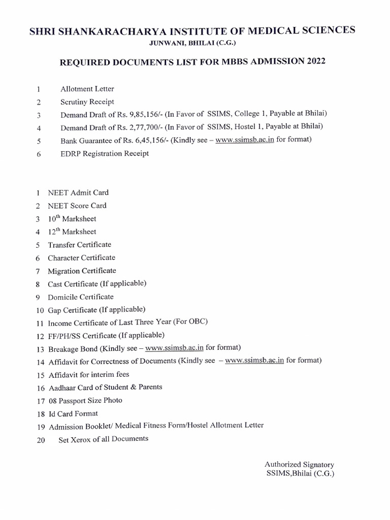 Admission Documents Required UG | PDF | Doctor Of Medicine