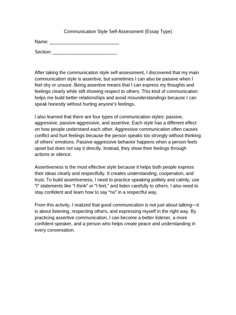 Communication Style Self Assessment Essay Pdf