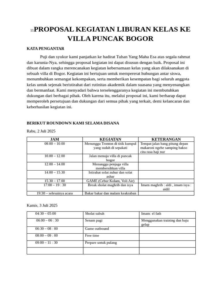 Proposal Kegiatan Liburan Kelas di Bogor | PDF