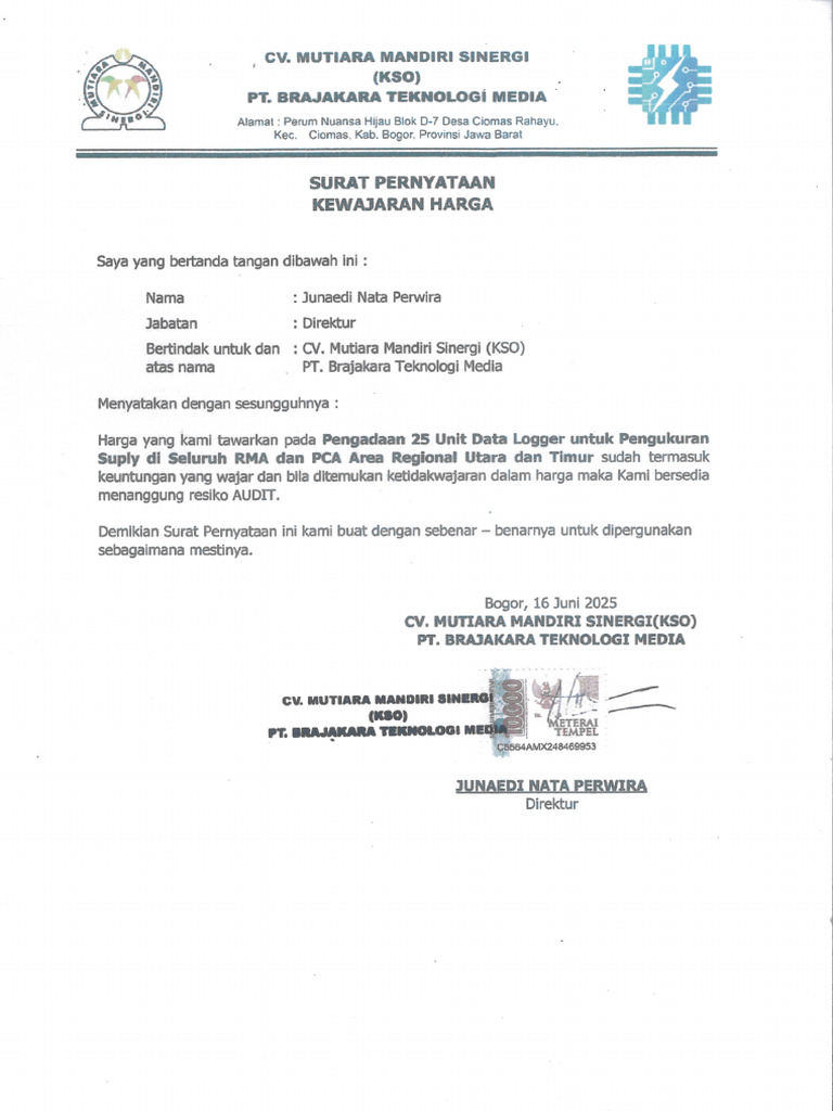 Surat Pernyataan Kewajaran Harga | PDF