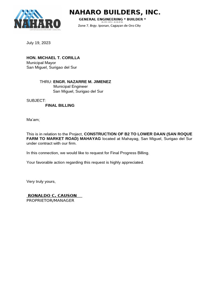 Final Billing Request for Road Project | PDF