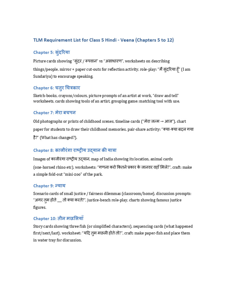 Term 2 Hindi TLM Requirement Chapterwise Class 5A and 5C | PDF