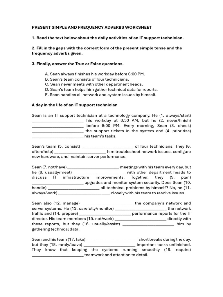 Present Simple & Frequency Adverbs Worksheet | PDF