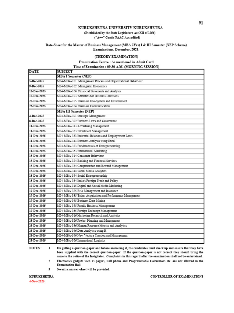MBA Exam Date-Sheet December 2025 | PDF | Analytics | Business