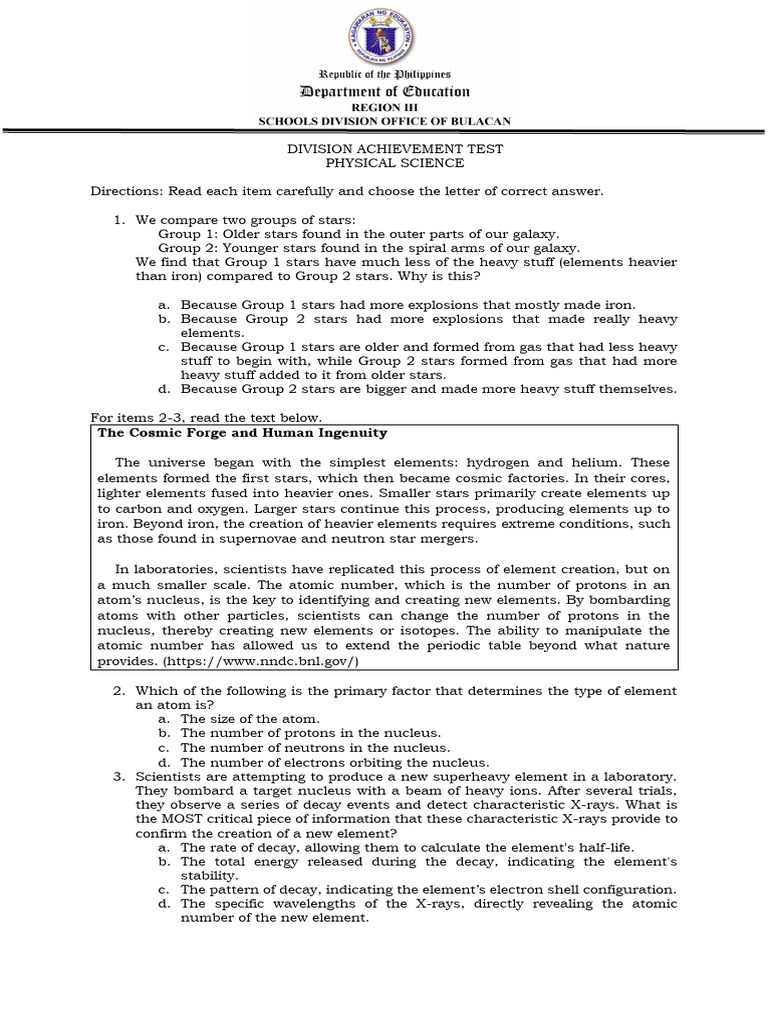 Physical Science Achievement Test | PDF | Chemical Polarity | Light