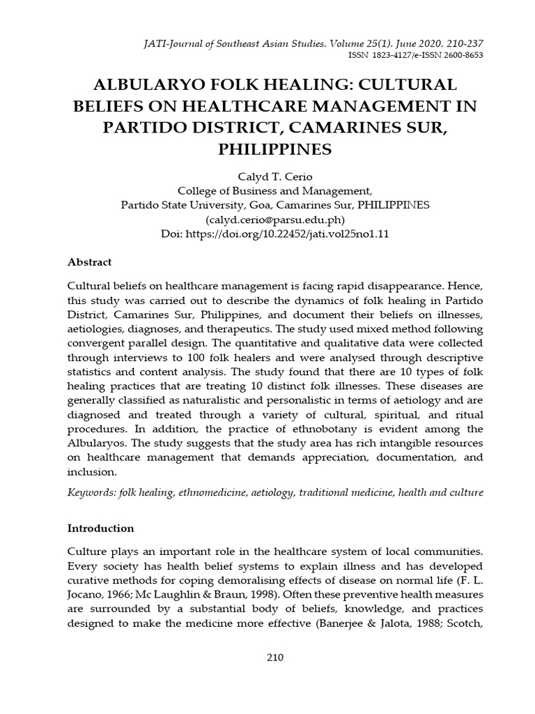 Albularyo Folk Healing Cultural Beliefs on Healthcare Management in ...