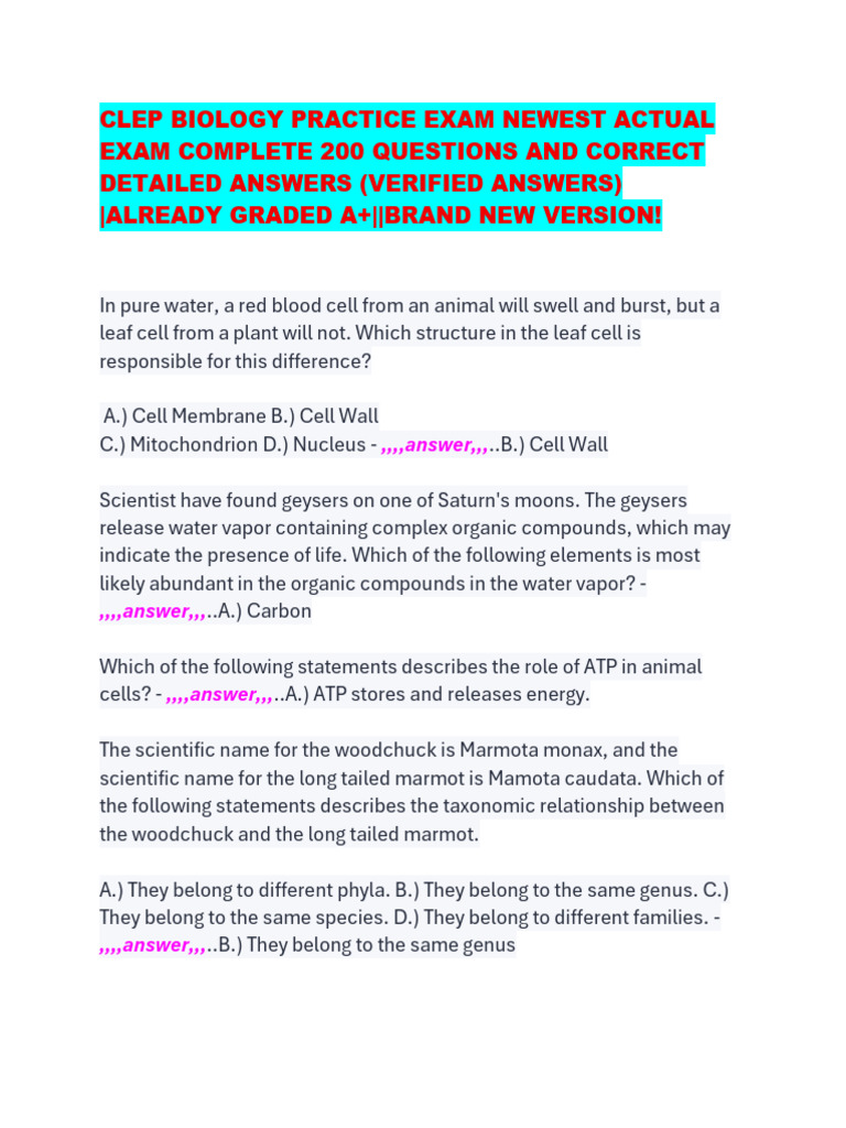 CLEP Biology Practice Exam 200 Questions | PDF | Cell (Biology) | Gene